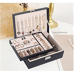 Jewelry Box for Women: Leather with Lock 2 Layer Portable Jewelry Organizer and Box Storage Case Necklaces Bracelets Rings Earring Holder Black