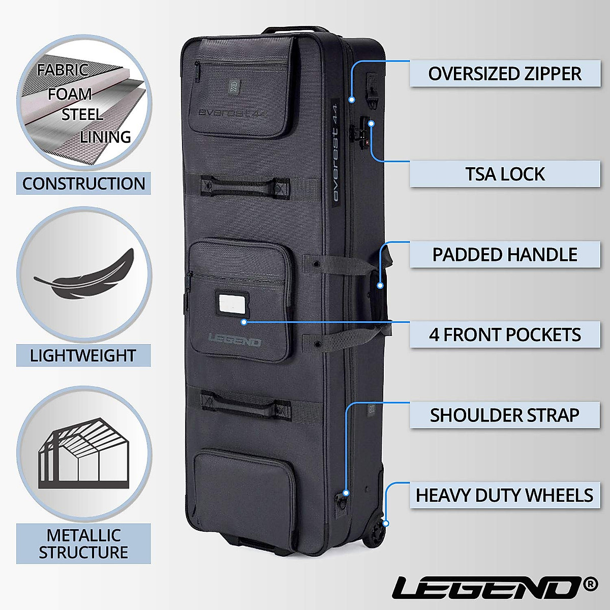 Legend Everest Hybrid Roller Lockable Compound Bow Case - Metal Structure, Foam Padding, Tricot Lining, Fastening Straps, Cam Protector, Front Pockets, Removable Wheels - Airline-Endorsed - 40" Grey