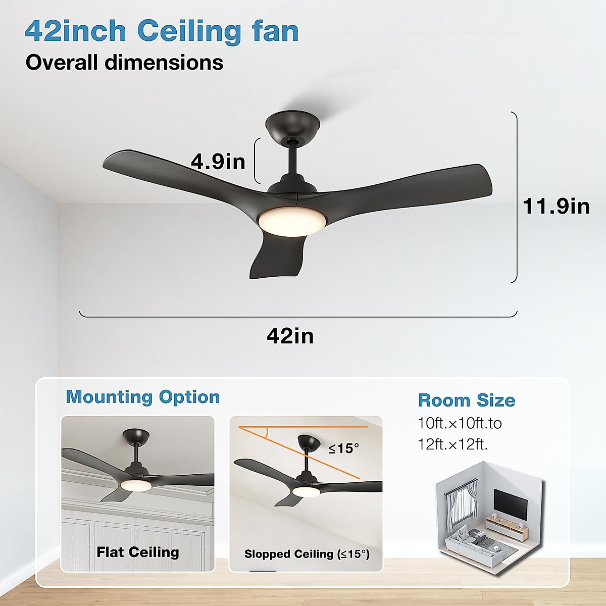 warmiplanet Ceiling Fan with Lights Remote Control, 42-Inch, DC Motor, 6 Speed, Dimmable LED Light, Black, 3-Blades
