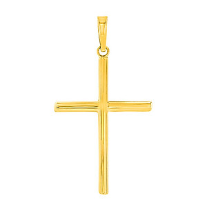 Jewelry America High Polished 14K Yellow Gold Plain Slender Cross Pendant with Chain Necklace, 16"