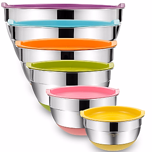 Umite Chef Mixing Bowls with Airtight Lids, 6 Piece Stainless Steel Metal Bowls, Measurement Marks & Colorful Non-Slip Bottoms Size 7, 3.5, 2.5, 2.0,1.5, 1QT, Great for Mixing & Serving