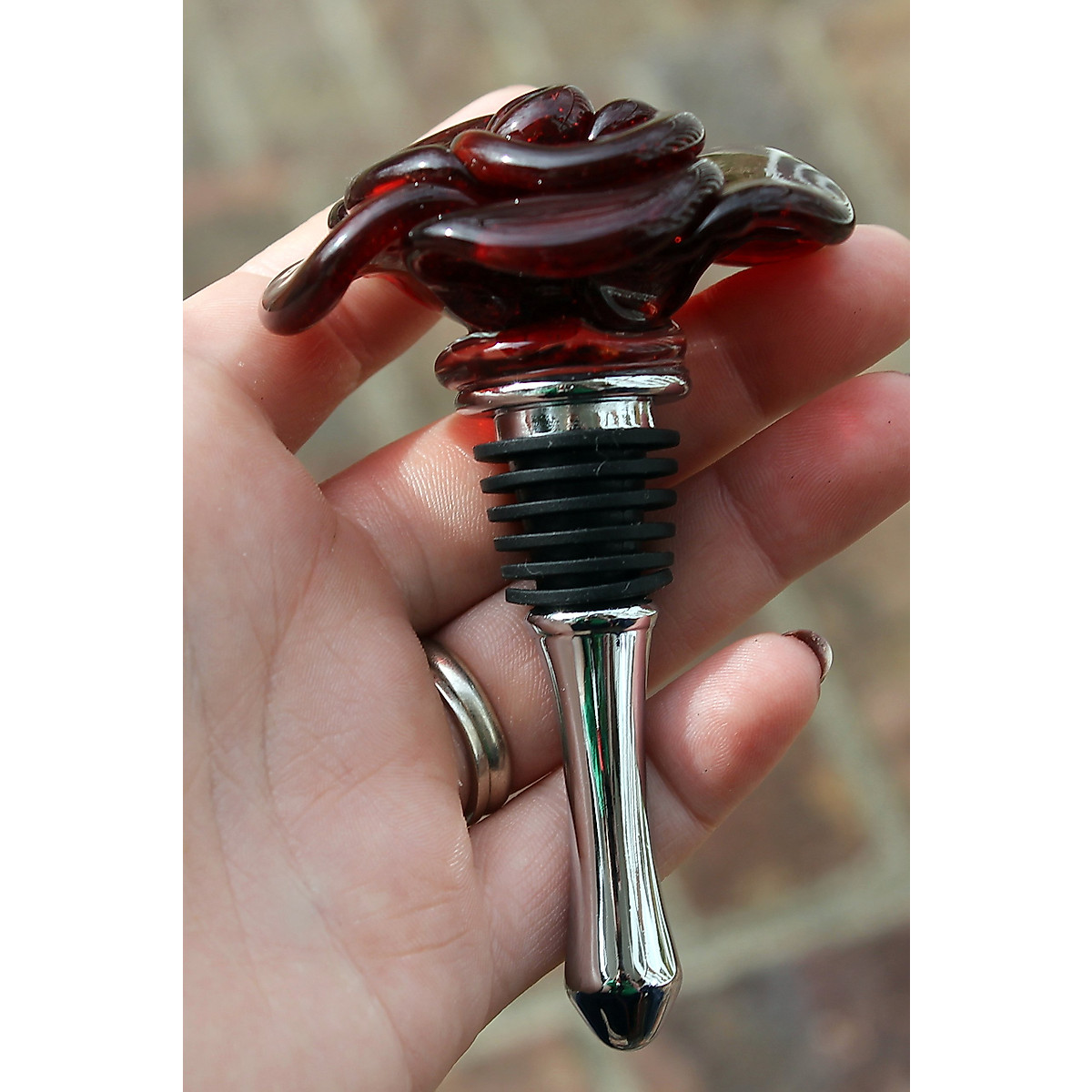 Wine Bottle Stopper Glass Rose Red, Hand Blown Rose, Lampwork SRA Rose, Flower Stainless steel, Gift for Wino Handmade by Untamed Rose