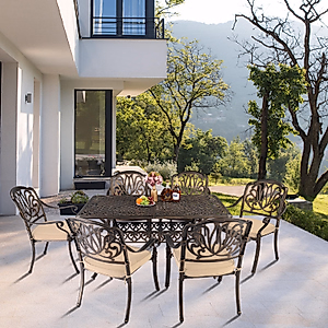 VINGLI 7 Pieces Outdoor Patio Dining Set, Cast Aluminium Patio Furniture Set with 6 Chairs and Large Table for Yard, Garden, Porch and Poolside, Bronze