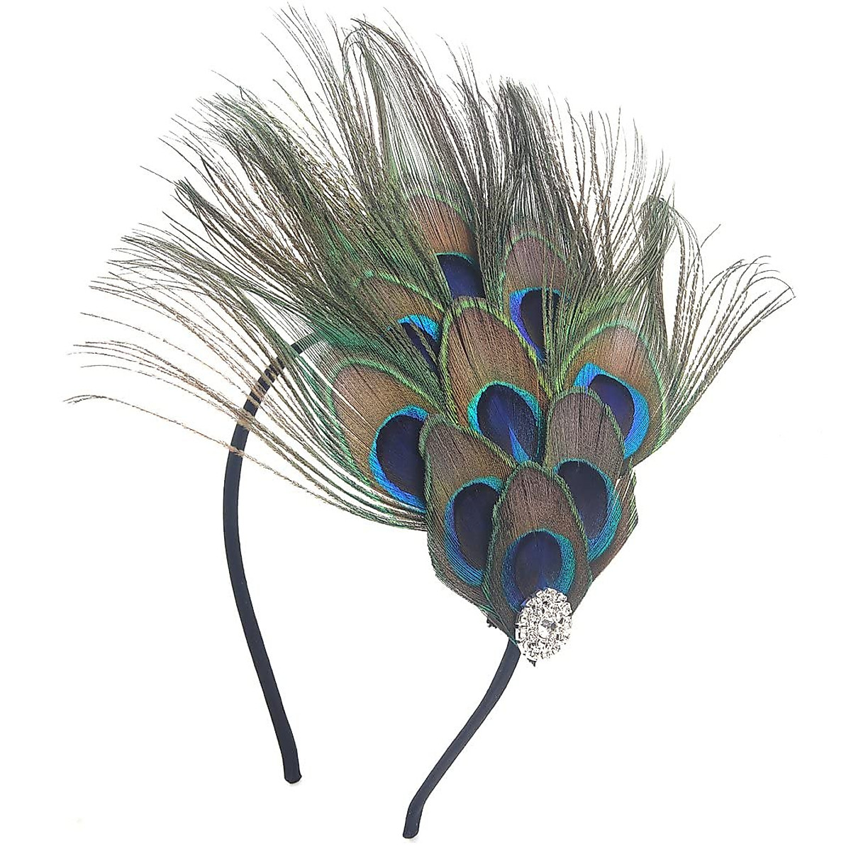 Aukmla Peacock Feather Headband Green 1920s Flapper Headpiece Rhinestones Costume Headdress Hair Accessories for Women and Girls