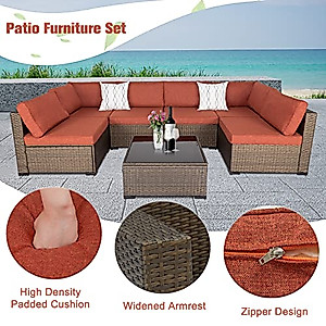 JSUN7 Outdoor Patio Furniture Set, 7 Pieces PE Brown Rattan Wicker Sofa Set, Outdoor Sectional Furniture Conversation Chair Set with Cushions and Tea Table,(Maple Red)
