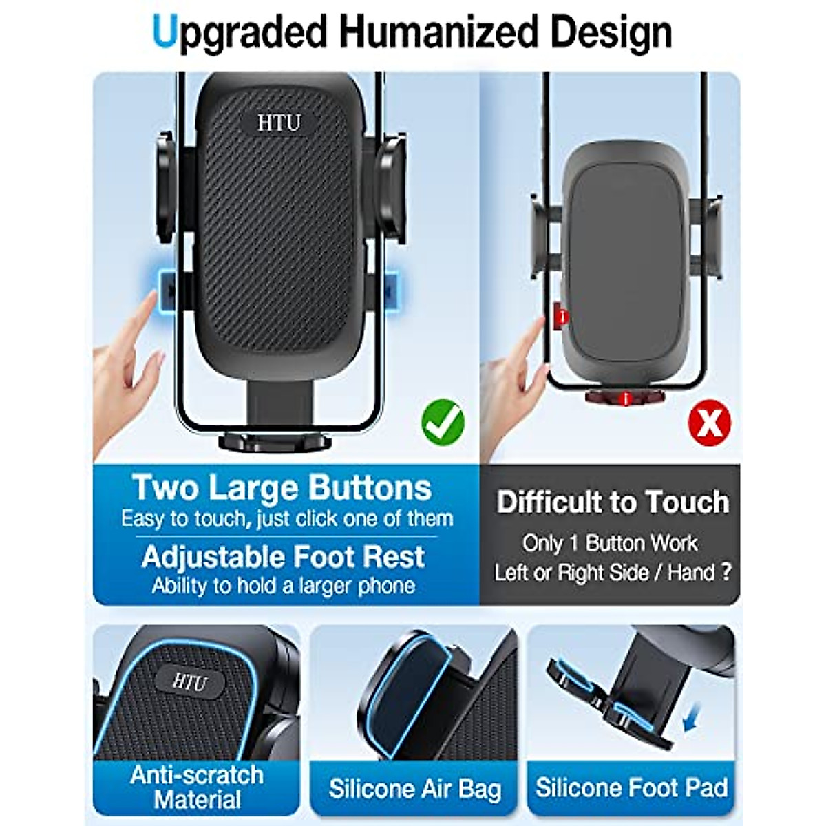 HTU Cell Phone Holder for Car [Powerful Suction Cup Never Fall] Universal Car Phone Holder Mount for Dashboard Windshield Air Vent Long Arm Cell Phone Car Mount Thick Case Heavy Phones Friendly