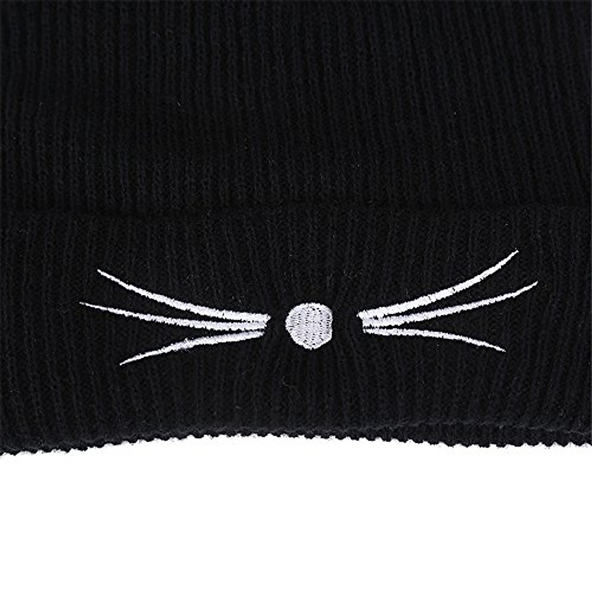 Armfre Tops Women's Beanie Hat Cute Cat Print Slouchy Skullies with Faux Fur Cat Ears Thick Skull Cap Chunky Ribble Knitted Skull Hat Cuffed Ski Cap for Ladies Casual Outdoor Active