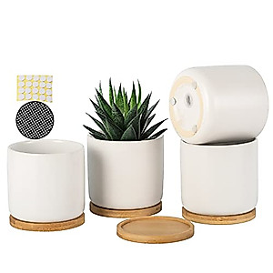 OMAYKEY 4 Inch Ceramic Plant Pot with Bamboo Saucer, White Planters Pots with Drainage Hole and Mesh Pads for Succulent, Snake, Cactus, Herbs - 4 Packs(Plant Not Included)
