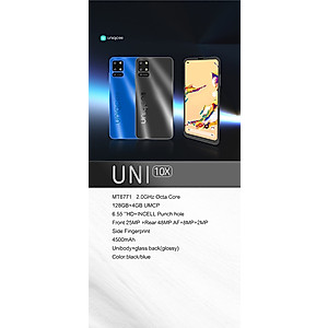 Uniqcell UNI 10X | Android Cell Phone | 6.55" HD+INCELL Punch Hole | Dual Sim | 128GB of Storage | Side Fingerprint (Black)