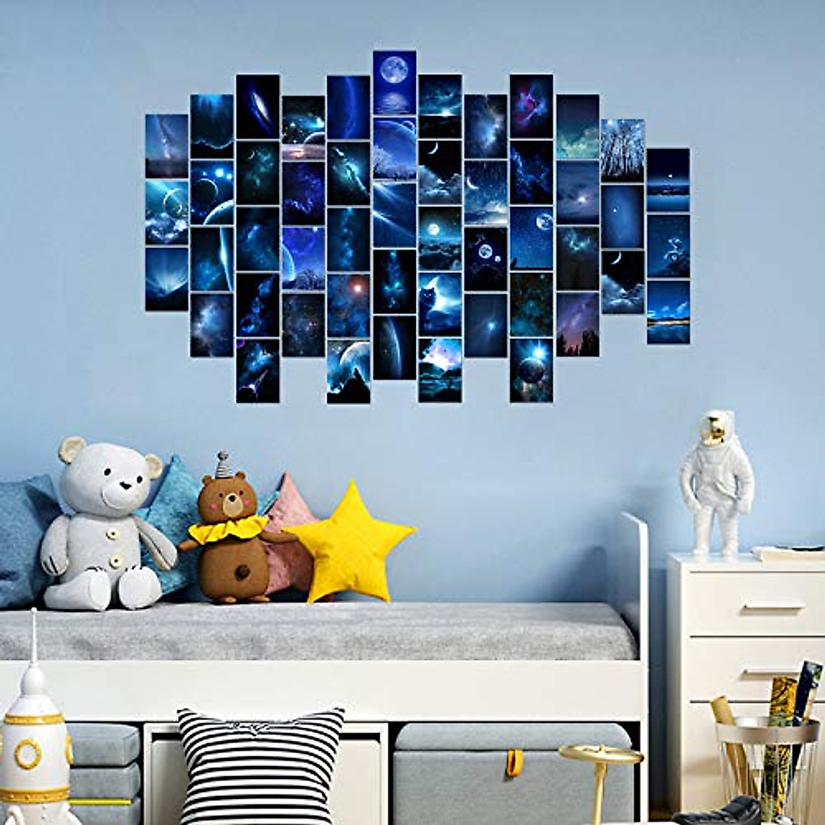 HZSYF Blue Photo Wall Collage Kit - Galaxy Stars Wall Art Space Posters Pictures Aesthetic Room Decor for Boys Girls Bedroom Dorm Nature Nebula Starry Night Universe Artwork 50 Set 4x6inch UNFRAMED