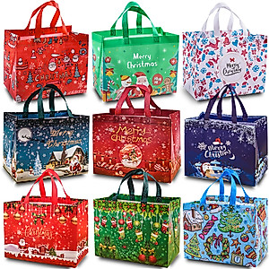 JWSCYSY 9Pcs Christmas Gift Bags, Christmas Tote Bags with Handles, Reusable Non-Woven Shopping Bags for Xmas Gifts Wrapping Holiday Party Supplies, 12.8"×9.8"×6.7"
