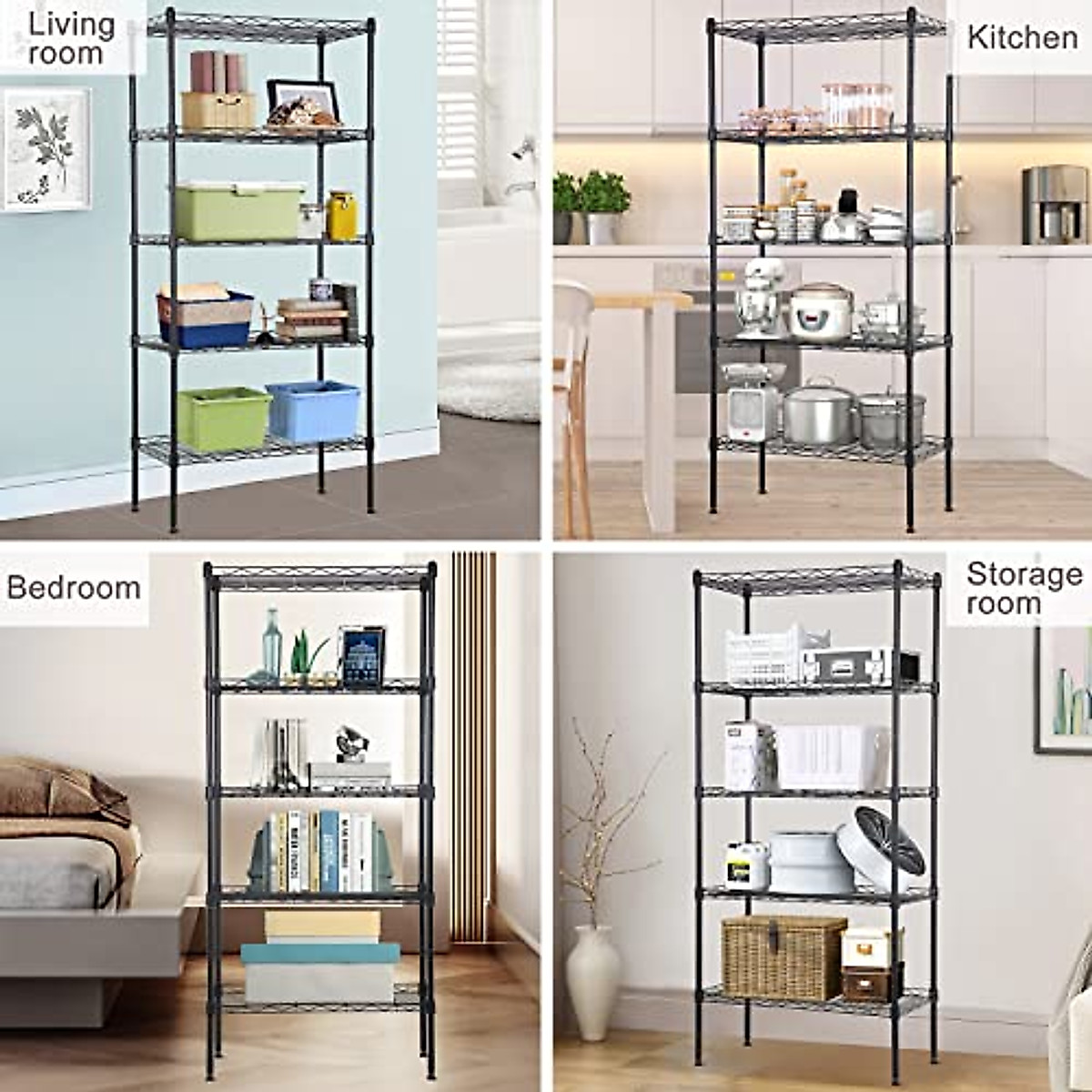 XXkseh 5 Tier Wire Shelving Unit Metal Storage Shelves Heavy Duty NSF Height Adjustable Commercial-Grade Storage Rack Garage Storage Pantry Shelves for Storage, Black