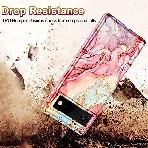 Btscase for Google Pixel 6 Case, Gold Glitter Bling Marble Pattern Hard PC Slim Fit Shockproof Full Body Rugged Drop Protective Women Girls Cover Cute Case for Google Pixel 6 (2021), Rose Gold