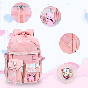 Yozone Girls Backpack with Cute Pin Accessories Plush Pendant Kawaii Backpack Cute Aesthetic Backpack for Teens Girls Women Students (Pink)
