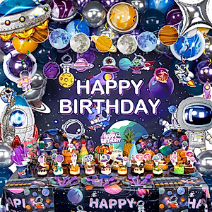HJINGY Outer Space Party Decorations, Space Themed Party Supplies Include Space Balloons, Backdrop, Galaxy Banner, Hanging Swirls, Tablecloth, Plates, Cups, Cake Toppers for Space Birthday Decorations