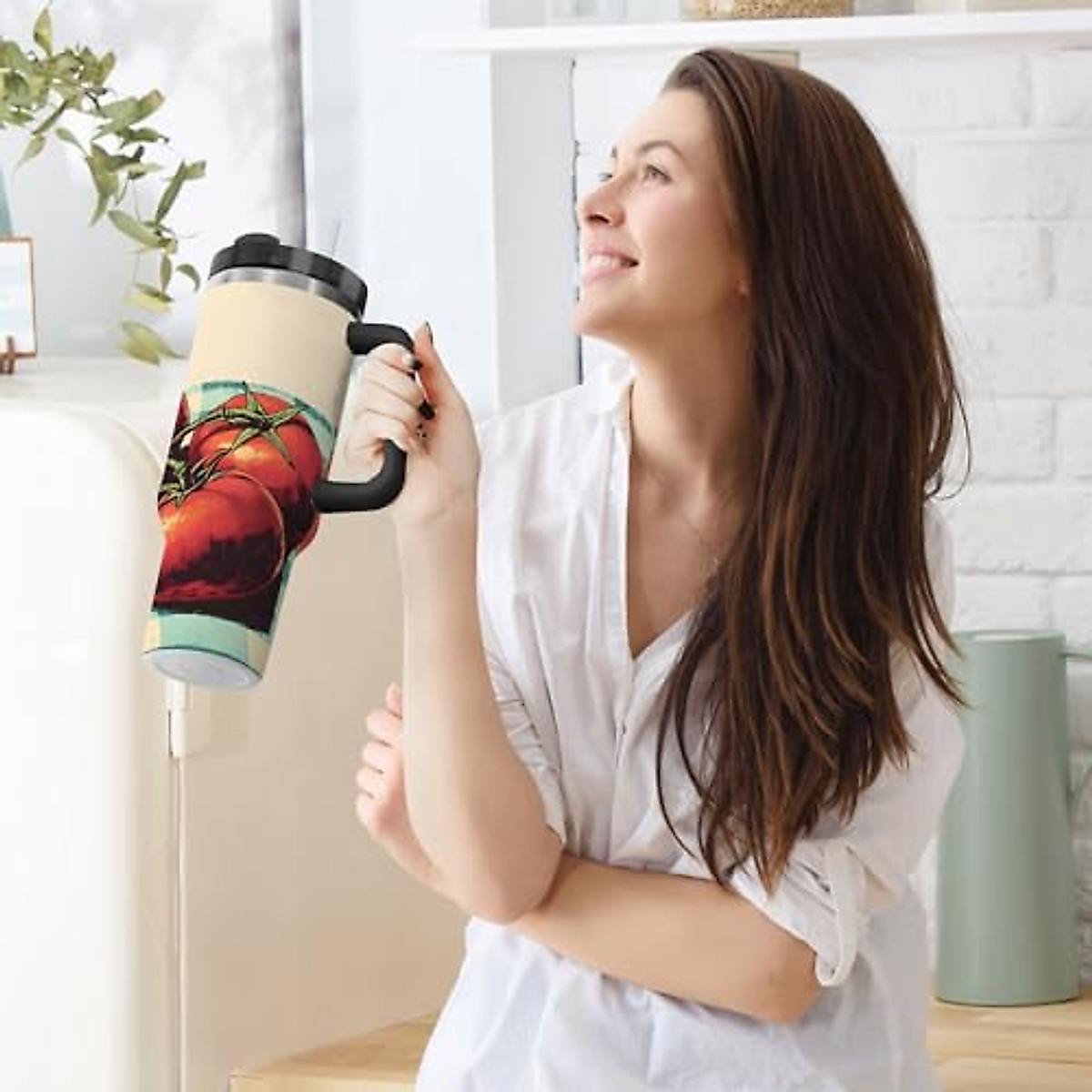 Flradish 30oz Tumbler with Handle, Vintage Delicious Tomatoes Stainless Steel Tumbler with Lid and Straws Double Wall Vacuum Insulated Leakproof Coffee Travel Mug