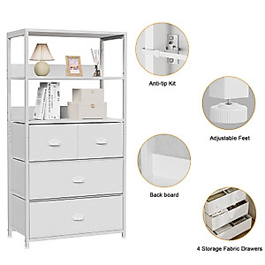 Furnulem White Dresser with 4 Fabric Bins, Tall Storage Tower with 3-Tier Shelf Vertical Standing Chest Organizer for Closet,Laundry,Bedroom,Living Room,Entryway (White)