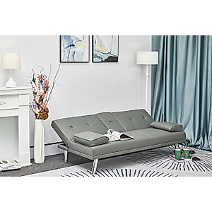Anwick Futon Sofa Bed Faux Leather Couch Bed Modern Convertible Folding Recliner with 2 Cup Holders and Metal Legs for Living Room Apartment Dorm w/Removable Armrests, (Gray)