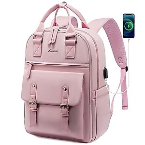 LOVEVOOK Laptop Backpack for Women,Vintage Work Business Travel Backpack with USB Charging Port,Teacher Doctor Nurse Computer Bag Purse College Backpack,15.6 Inch,Pink-Pink