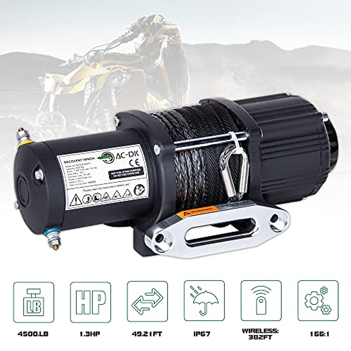 AC-DK 4500 lb. Electric Synthetic Rope ATV/UTV Winch Kits, DC 12V Wireless Winch for Towing Off Road Trailer Winch with Wireless Remote Control, Winch Mounting Bracket, Winch Rope Stopper
