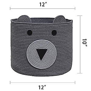 COMEMORY Cotton Rope Storage Basket with Cute Bear Design, Foldable Rope Bin Basket, Decorative Animal Basket for Toys, Blanket, Towels, Clothes, 12"(D) x 10"(H)