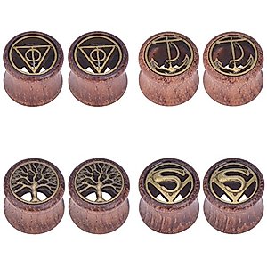 IPINK-4 Pairs Tree of Life Anchor Hallows Organic Wood Tunnels Double Flared Ear Stretcher Saddle Plugs Gauge 8mm - 20mm (4 Pairs of 14mm (9/16"))