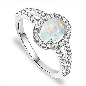 YDD 14K White Gold Opal Rings for women 1 Carat(1 CT) Halo Oval Cut Opal Engagement Rings for Women Opal Birthstone Anniversary Ring Free Engraved Size 7.5