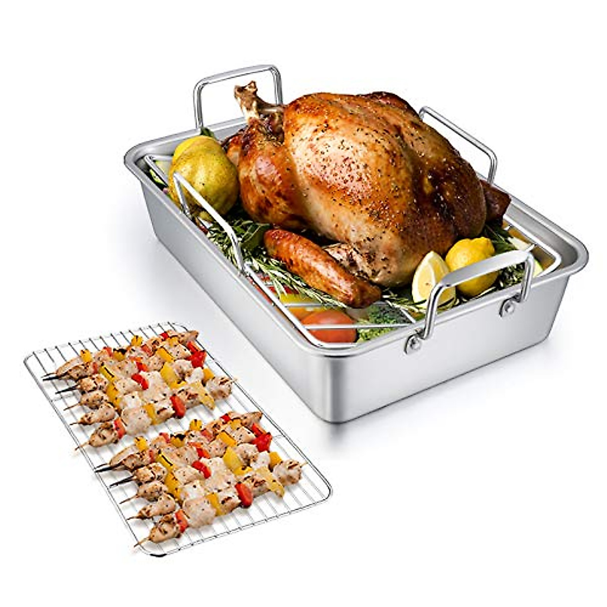TeamFar Roasting Pan with Rack, 14 Inch Stainless Steel Turkey Roaster Lasagna Pan with V-Shaped Rack & Cooling Rack, Healthy & Durable, Brushed Surface & Dishwasher Safe, Rectangular - Set of 3