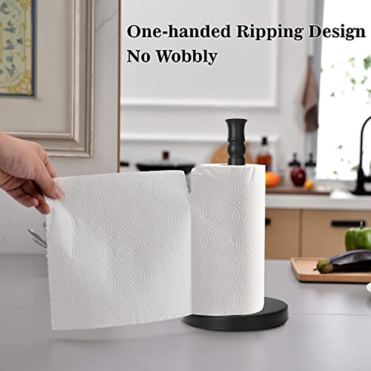 Sfemn Paper Towel Holder Countertop, Weighted Base for One-Handed Tear, Free Standing Paper Towel Holder Stand, Stainless Steel Paper Towel Dispenser for Kitchen Countertop (Black Matte)