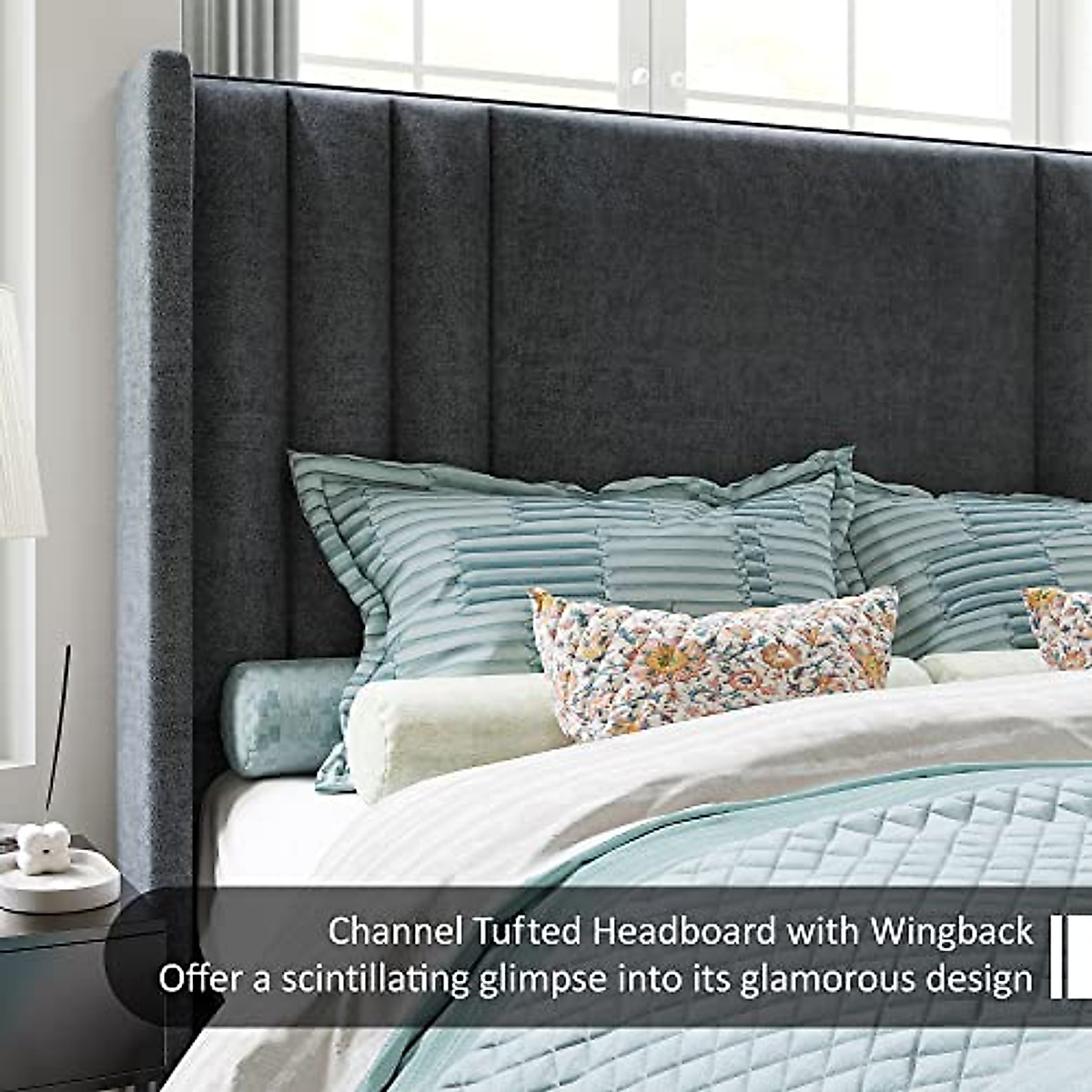 AMERLIFE Queen Size Bed Frame, Velvet Upholstered Platform with Vertical Channel Tufted Headboard & Footboard/Wingback, Mattress Foundation Wood Slats, No Box Spring Needed, Grey (BF-004)