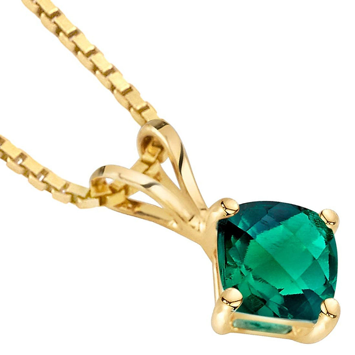 PEORA 14K Yellow Gold Created Emerald Pendant for Women, Classic Solitaire, 0.75 Carat, Cushion Cut, 6mm, AAA Grade