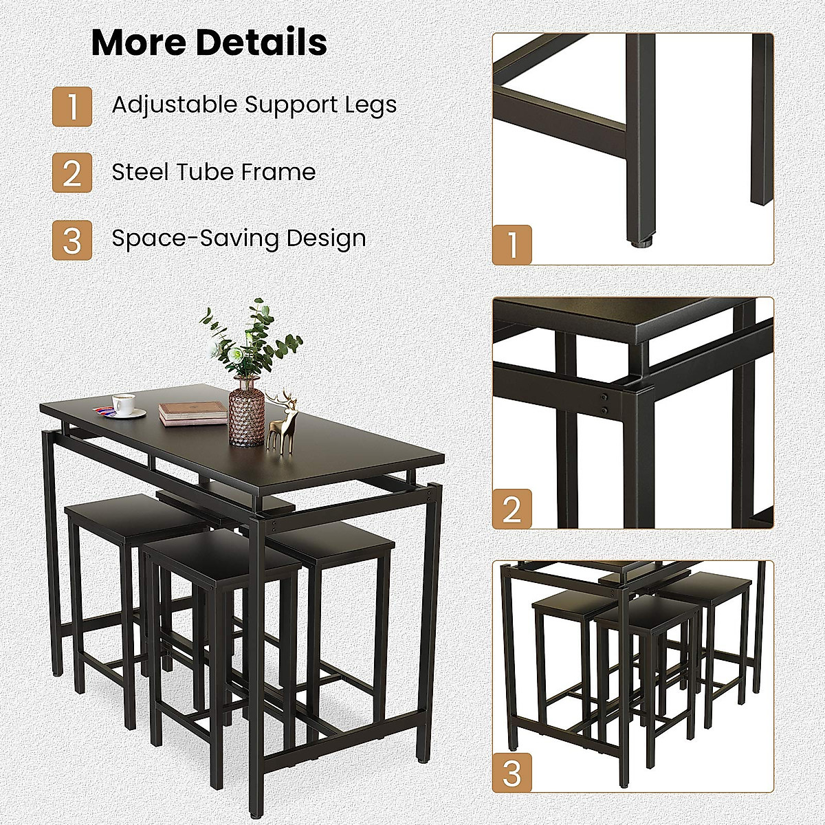Recaceik 5 PCS Dining Table Set, Modern Kitchen Table and Chairs for 4, Wood Pub Bar Table Set Perfect for Breakfast Nook, Small Space Living Room