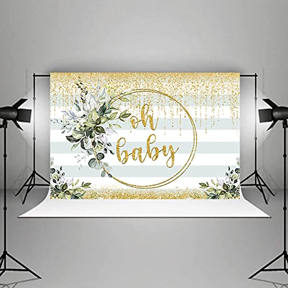 Lofaris Oh Baby Backdrop Baby Shower Green Leaves Gold Ring Golden Glitter Stripes Photography Background for Boy Girl Baby Shower Gender Neutral Newborn Party Decoration Banner Photo Booth Prop 9x6ft