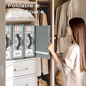 Yecaye 4 Pack Sheet Organizers and Storage, Bed Sheet Organizer for Linen Closet, Foldable Sheet Set Organizer with Clear Window and Label (Queen & King Size), Bedding Storage Box Container, Grey