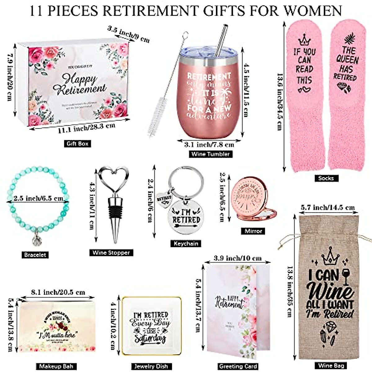 Aodaer 11 Pieces 2023 Retirement Gifts for Women Rose Gold Retirement Party Decorations Retirement Wine Tumbler Presents Box Retired Gifts for Teachers Women Mom Nurse