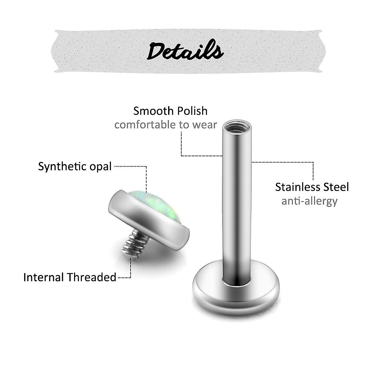 Jovivi 12pcs 16G Stainless Steel Created-Opal Monroe Labret Rings Lip Stud Tragus Cartilage Piercing Jewelry 8mm for Men Women