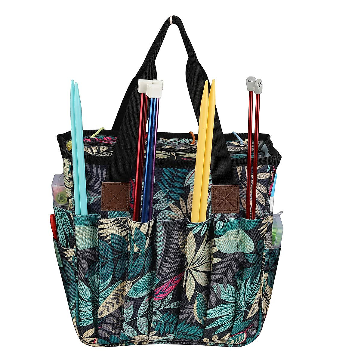 Knitting Tote Bag Yarn Storage Bag, for Carrying Projects Crochet Hooks, Knitting Needles, Yarn Balls, Sewing Supplies Organization (Blue Leaf)