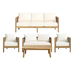 Merax Patio Furniture 5-Piece Outdoor Acacia Wood Wicker Conversation Set with 3 Seater Sofa,Loveseat,2 Chairs and Coffetable for Backyard, Beige