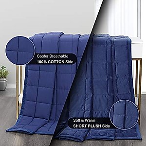 HAOWANER Reversible Weighted Blanket Cool Cotton Top+Soft Minky Bottom, 15lbs Plush Blankets for Twin/Full Size(48"x72") Bed, Premium Fleece Weight Comforter with Fluffy Heavy Throw for Adult, Blue