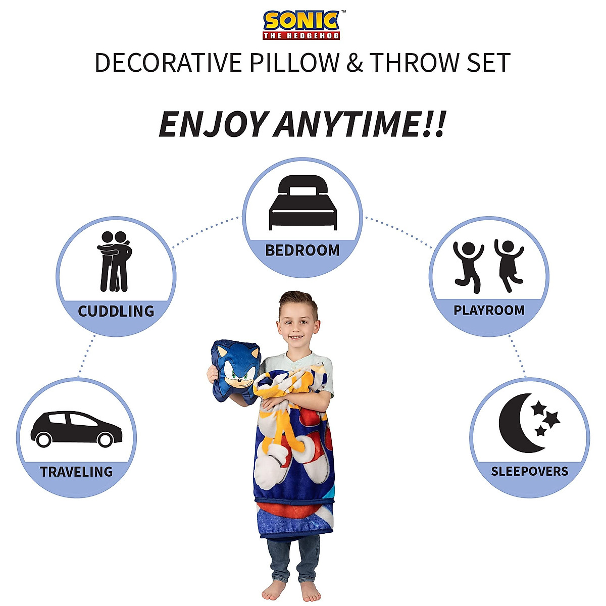Franco Kids Bedding Super Soft Plush Decorative Pillow and Throw Set, 40 in x 50 in, Sonic The Hedgehog, Anime