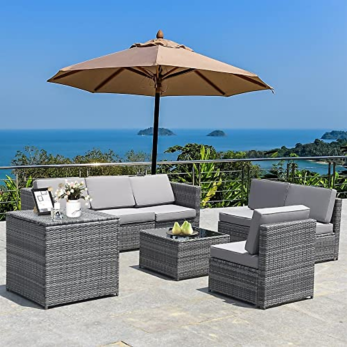 n/a 8PCS Outdoor Wicker Rattan Furniture Set Cushioned Sectional Sofa Storage Table Corner Sofa