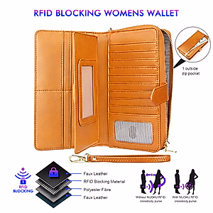 nuoku Wallet for Women RFID Blocking Credit Card Holder with Large Capacity Leather Wristlet (Brown)