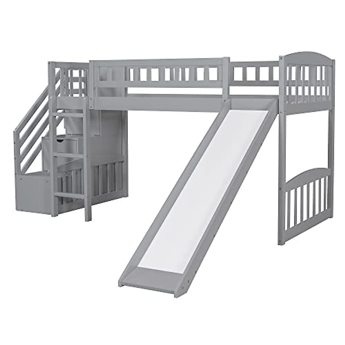 HABUHOME Twin Size Low Loft Bed with Convertible Slide, Stairs with Two Drawers, Stairway Loftbed Frame, for Kids Boys Girls, Gray