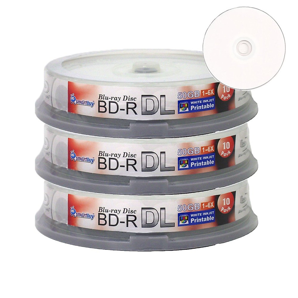 Smartbuy 30-disc 50gb 6X Blu-ray Bd-r Dl Dual Layer Double Layer White Inkjet Hub Printable Blank Data Video Recordable Media Disc with Cakebox/Spindle Packing