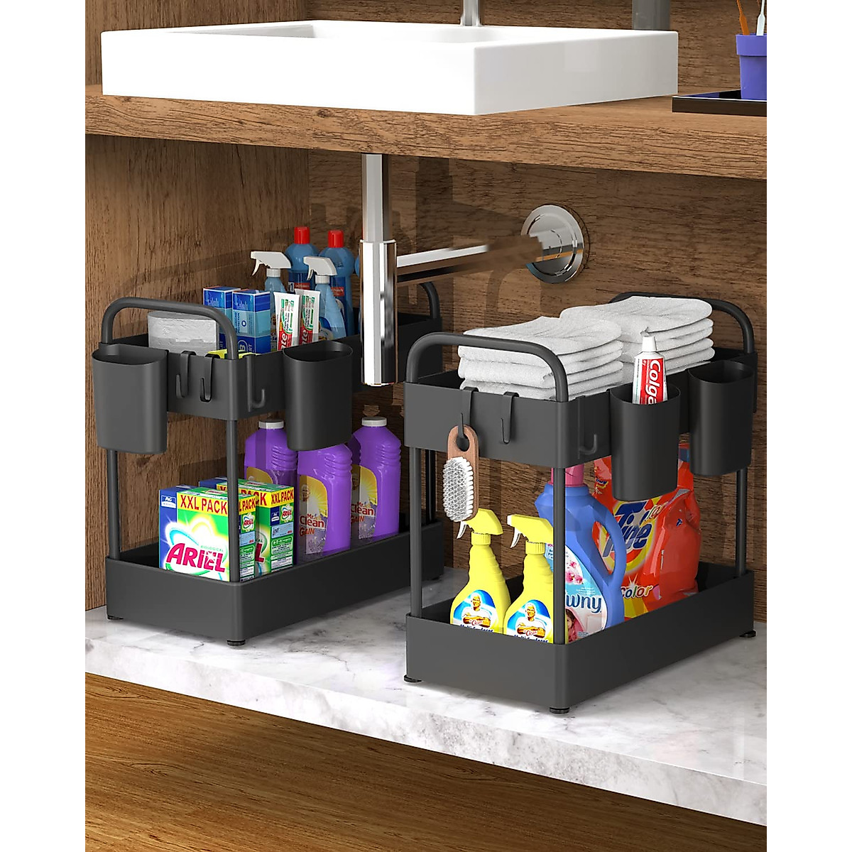 FURTIME Under Sink Organizer, 2 Tier Kitchen Under Sink Storage Bathroom Countertop Organizer with 6 Hooks 2 Hanging Cups and Anti-Foot for Bathroom Kitchen Spice Makeup Cosmetics Vanity Narrow Space