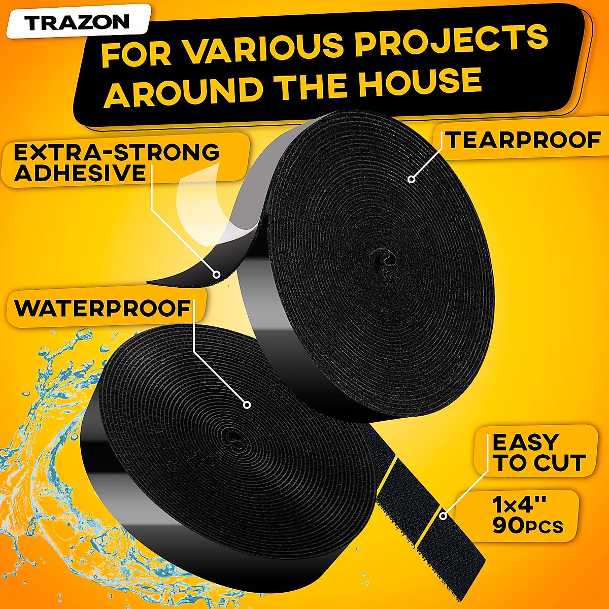 Hook and Loop Tape Roll with Heavy Duty Adhesive Industrial Strength Easy to Cut, Strong Hook and Loop Strips with Sticky Back, Black 1 Inch x 30 Feet