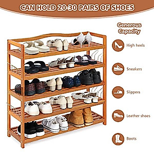 Giantex 5-Tier Shoe Rack, Acacia Wood Shoe Shelf with Side Metal Hooks, Holds up 12-18 Pairs, Shoe Organizer, Shoe Storage, Wooden Shoe Rack for Entryway, 33’’Lx10.5’’Wx32.5’’H