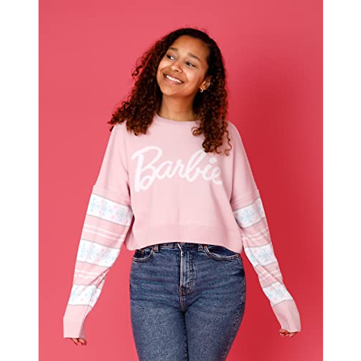 Barbie Cropped Christmas Jumper Womens Snowflakes Fairisle Pink Knitted Sweater X-Large