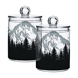 KEEPREAL Nature Mountains and Forest Qtip Holder Dispenser with Lids, 2PCS Plastic Food Storage Canisters, Apothecary Jar Containers for Vanity Organizer Storage