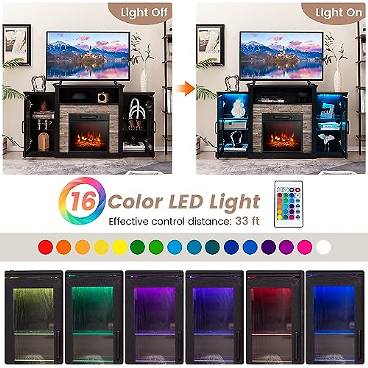 Tangkula Electric Fireplace TV Stand, Electric Fireplace Mantel with 16-Color Led Lights, Adjustable Glass Shelves, Remote & Smart APP Control, TV Console for Living Room (Black)